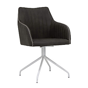Calico Designs Adelaide Mid Back Swivel, Home Office Accent Chair with Arms, No Casters in White Metal Legs/Dark Grey Tufted Faux Suede with Stitch Detail