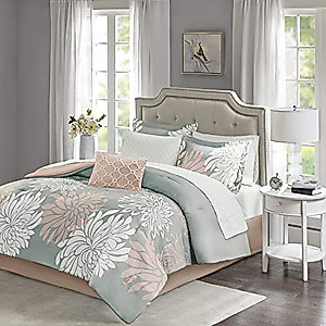 Madison Park Essentials Maible Cozy Bed in A Bag Comforter with Complete Cotton Sheet Set-Floral Medallion Damask Design All Season Cover, Decorative Pillow, Queen (90 in x 90 in), Blush/Gray