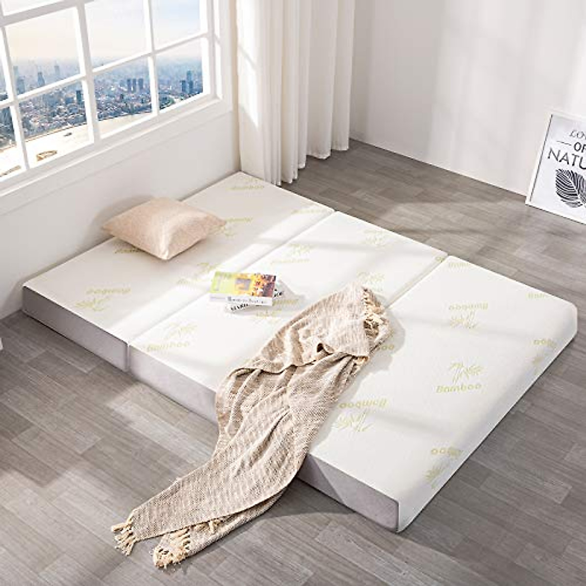 Inofia Folding Mattress, Memory Foam Tri-fold Mattress with Ultra Soft Bamboo Cover, Non-Slip Bottom & Breathable Mesh Sides - Full 6 Inches