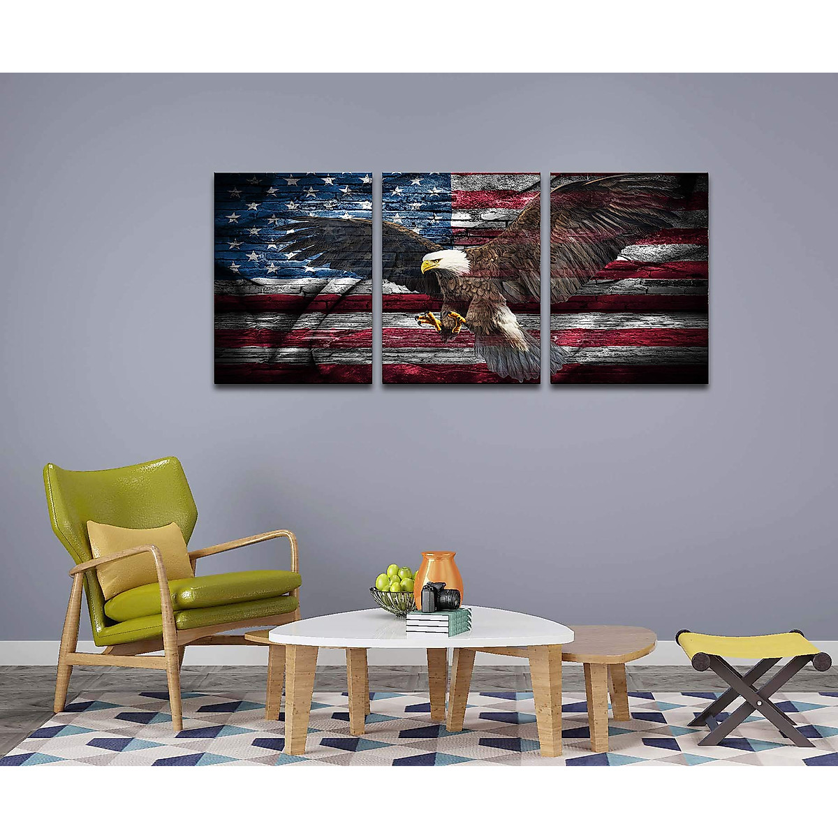KALAWA American Flag Wall Art Eagle Canvas Independence Day Artwork Red White Blue Painting Patriotic Concept Wall Decor the USA Flag Home Decor 3 Panels Print for Living Room Framed Ready to Hang