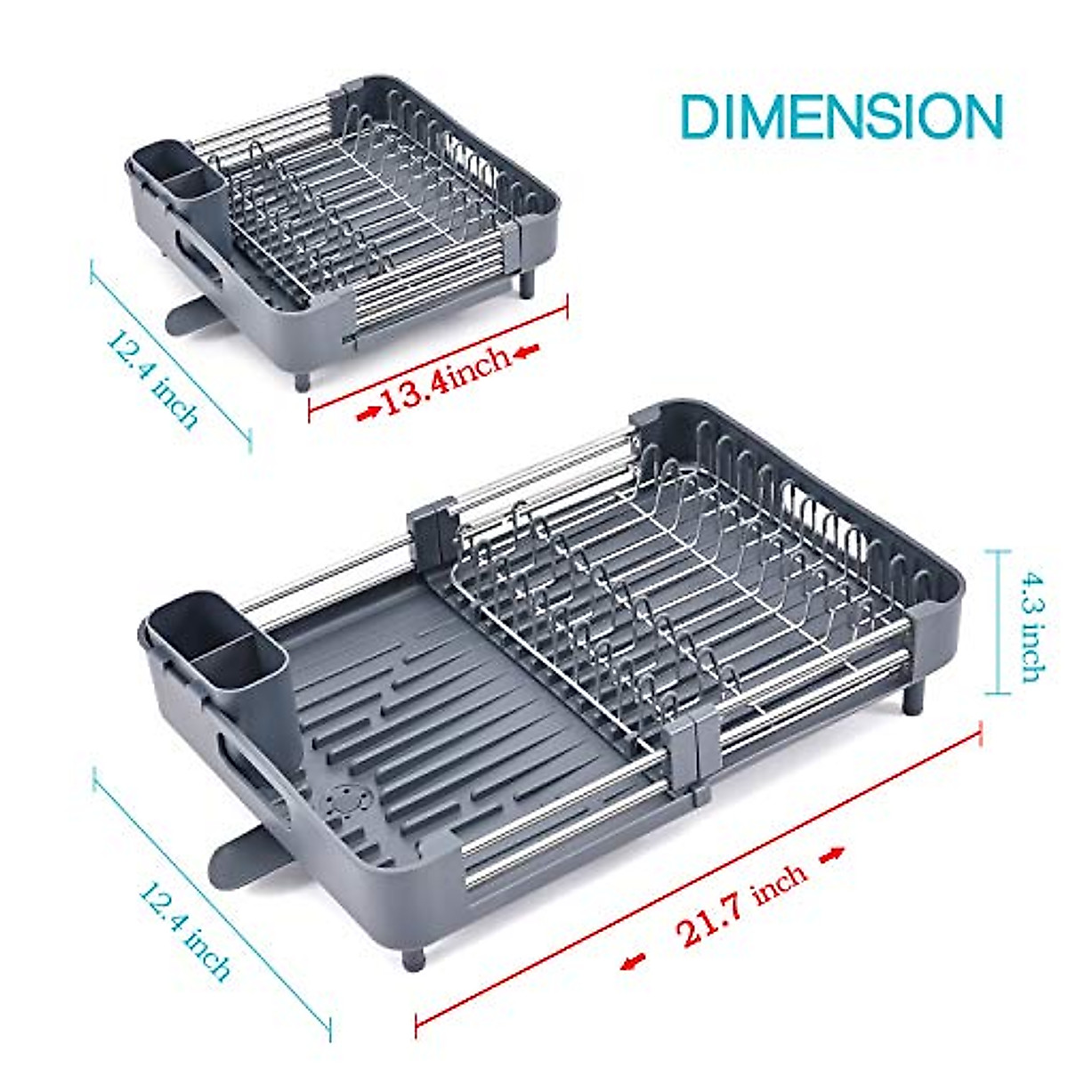 TOOLF Extendable Dish Rack, Dual Part Dish Drainers with Non-Scratch and Movable Cutlery Drainer and Drainage Spout, Adjustable Dish Drying Rack for Kitchen, 1 Piece Grey