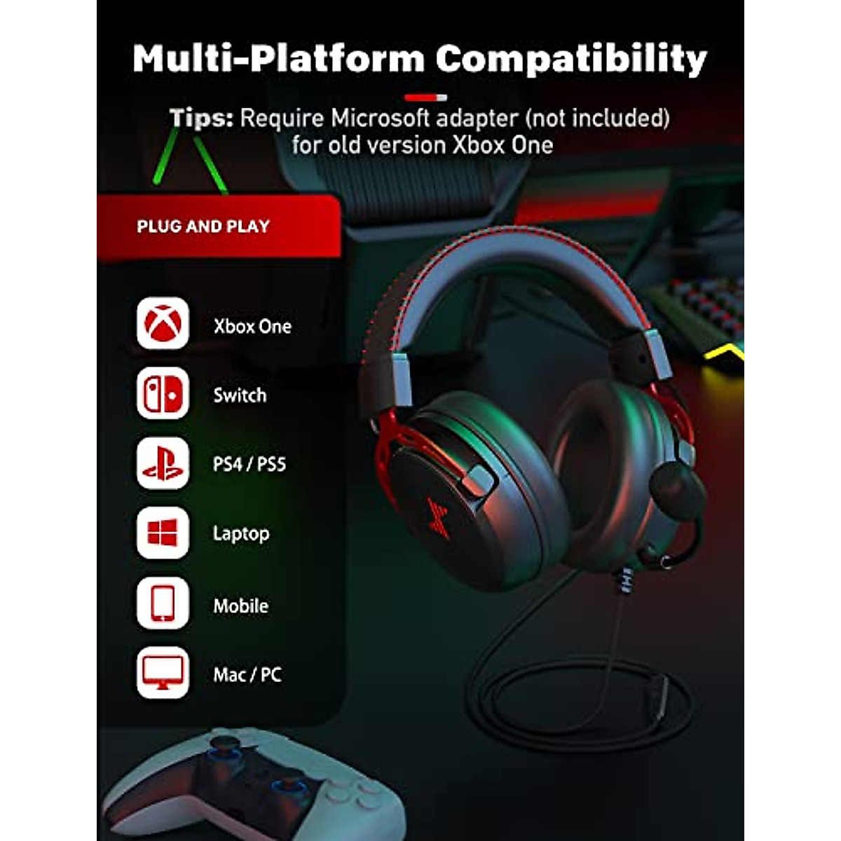 Gaming Headset for PS5 PS4 PC, Gaming Headphones with Noise Cancelling Mic, Wired Gamer Headsets for Computer Laptop Mac Nintendo NES Games