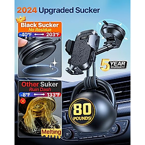 YRU True Military-Grade Car Phone Holder [2024 Upgraded Rotatable Strongest Suction Cup] Cell Phone Mount for Dashboard Windshield Truck Cradle Dash Stand for iPhone 15 14 13 12 Pro Max, Black