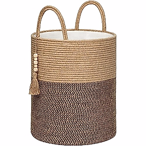 CherryNow Tall Laundry Hamper Woven Storage Basket, Shoe Basket for Entryway, Blanket Basket Living Room, Decorative Basket for Toys, Clothes, 15 x 17.7 Inches, Black & Jute