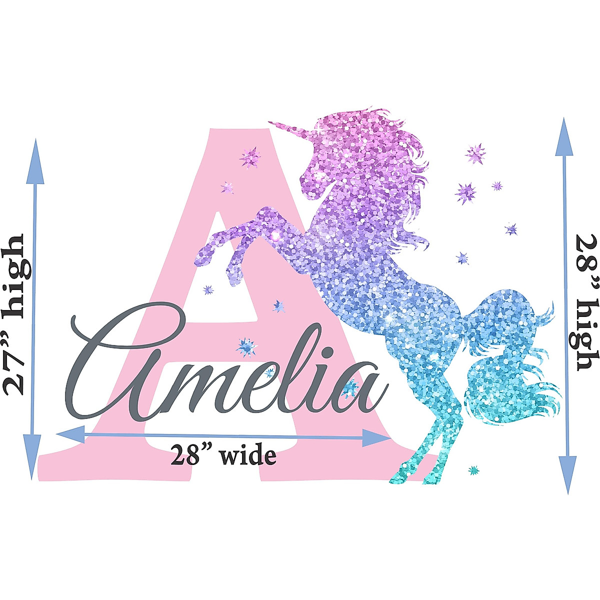 Girls Nursery Glitter Shimmer Sparkle Printed Unicorn Name and Initial Personalized Custom Name Vinyl Wall Decal, Wall Decor Sticker (X-Large)