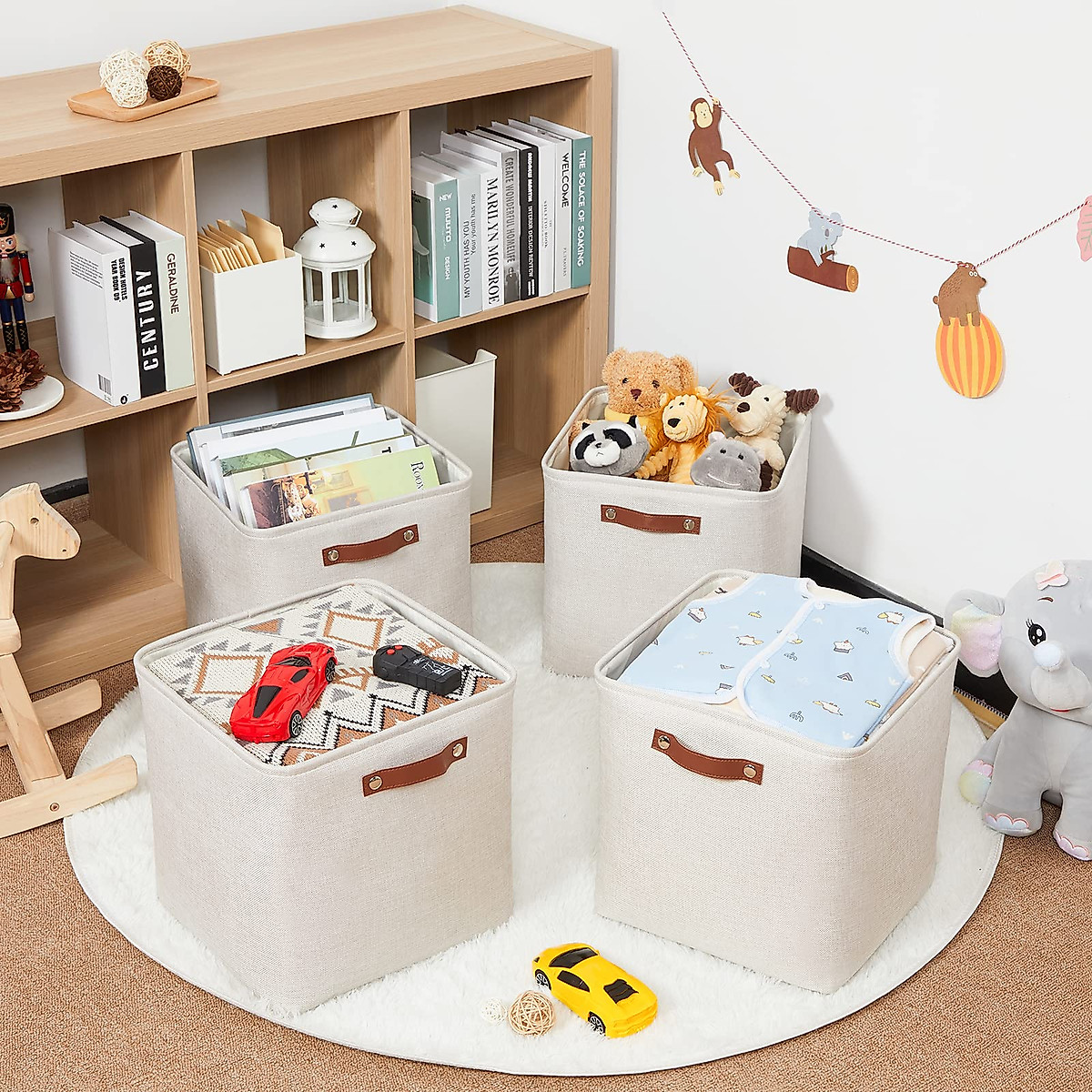 HNZIGE 13x13x13 Cube Storage Bins, Fabric Storage Cubes Baskets for Shelves, Set of 4, Cube Storage Baskets with Handles Foldable Storage Baskets for Organizing Clothes, Toys, Closet, Nursery(Cream)