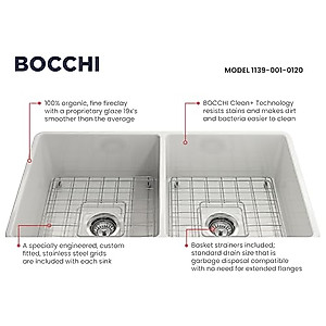 BOCCHI Classico Farmhouse Apron Front Fireclay 33 in. Double Bowl Kitchen Sink with Protective Bottom Grid and Strainer in White