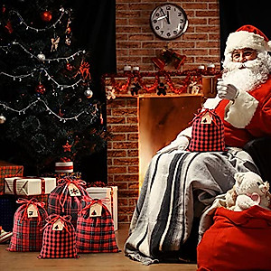 8 Pieces Xmas Plaid Drawstring Bags Fabric Present Bags Xmas Stocking Storage Sack Party Favors Xmas Bags for Christmas Party Decoration Supplies, 3 Sizes (Red and Black)