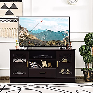 Tangkula Wood TV Stand with 2 Glass Door Cabinets, Media Console with Drawer & 2-Tier Adjustable Shelves, Living Room Entertainment Center for TVs up to 55 Inch, TV Console Table, Dark Brown