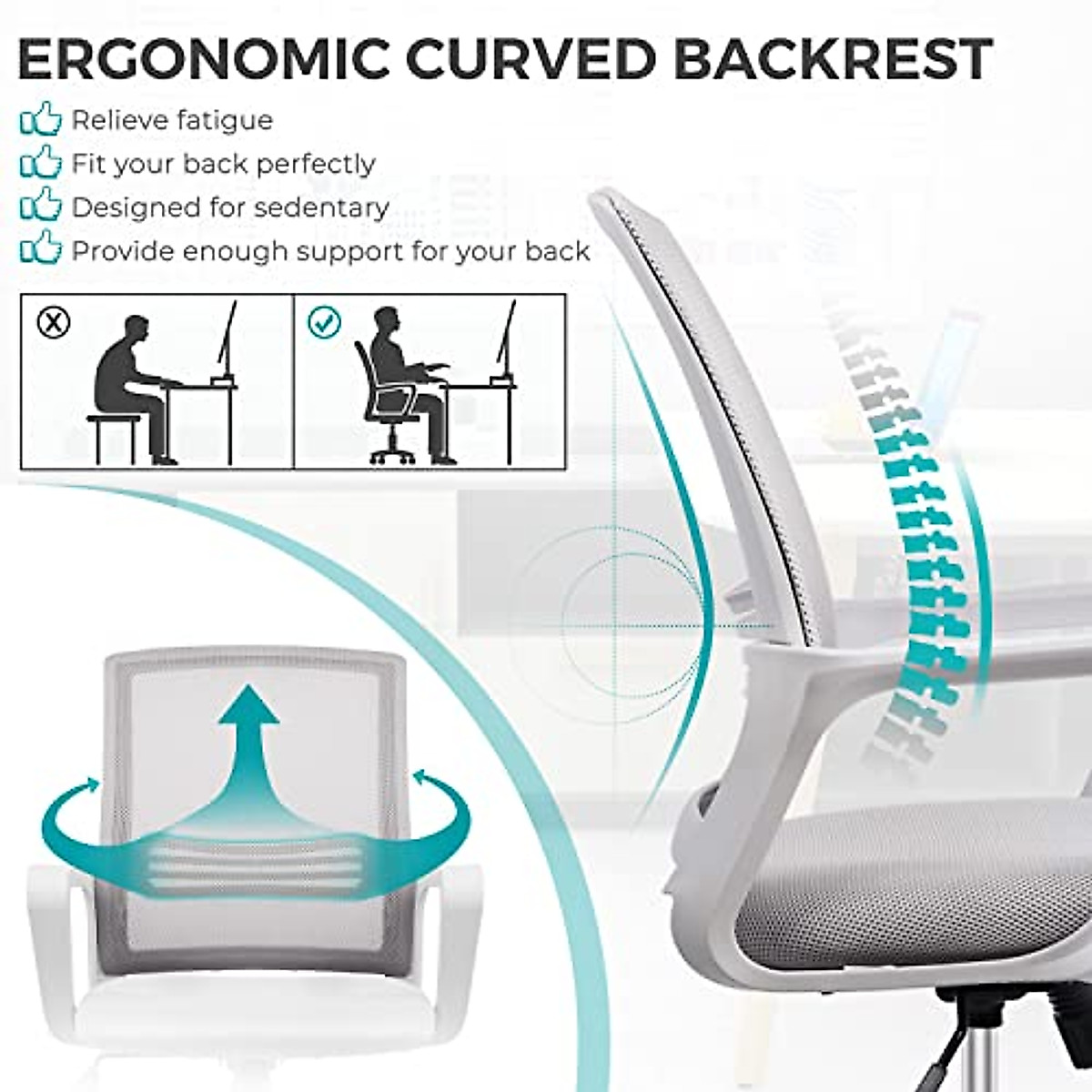 edx Home Computer Wheels Mesh Lumbar Support, Mid Back Ergonomic Office Desk Armrests Adjustable Work Chairs, Grey