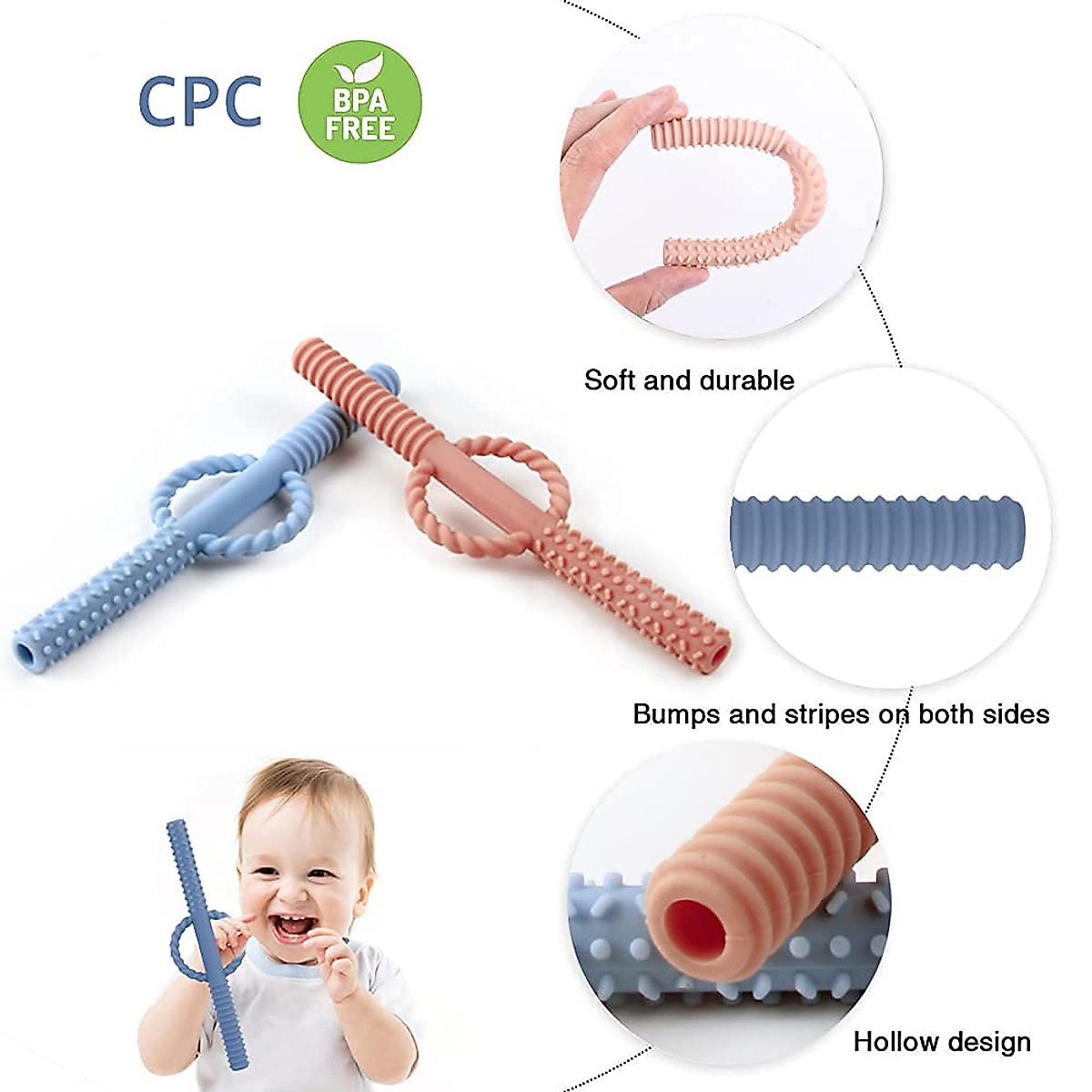 Hollow Hand Teether Tubes for Baby, Silicone Baby Relief Teething Toy, Chewy Tubes Toys 3-6 Months, Teething Straws for Toddlers
