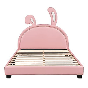 Merax Full Size Upholstered Leather Platform Bed with Bunny Ears Headboard, Platform Bed Frame with Rabbit Ornament for Kids, Child's Bedroom, No Box Spring Needed, Pink