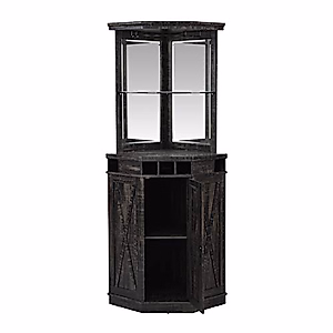 Home Source 73" Tall Corner Storage Cabinet with Wood Doors, Wine Rcak, Liquor Glass Holder, Glass Design Large Rustic Bar Hutch for Living Room, Home Office, Kitchen, Small Space, Charcoal