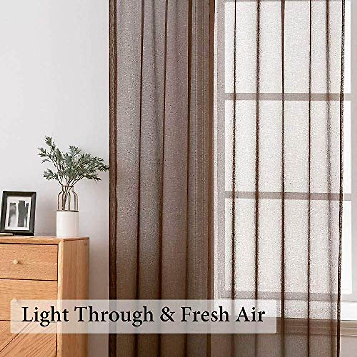 MIULEE Chocolate Brown Linen Textured Sheer Curtains 84 Inch Length 2 Panels Set for Bedroom/Living Room Semi Transparent Dark Brown Farmhouse Window Drapes Rod Pocket W 54 x L 84 Inches Long