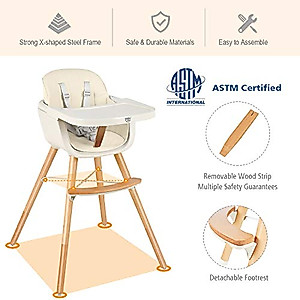 HONEY JOY High Chair, 3-in-1 Eat & Grow Wooden Highchair/Booster Seat/Toddler Chair with Removable Tray, 5-Point Harness, PU Cushion and Footrest for Baby, High Chair for Babies and Toddlers