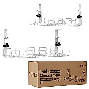 Under Desk Cable Management Tray 2 Packs, 40 cm Under Desk Cord Organizer with Clamp Mount System for Wire Management, Metal Wire Cable Holder for Desks, Offices and Kitchens, No Need to Drill Holes