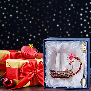 SHEEYEE Tea Cup Birthday Gift for Mom Glass Enamel Lily Flower Tea set with Spoon Gift for Her Women for Mother's Day