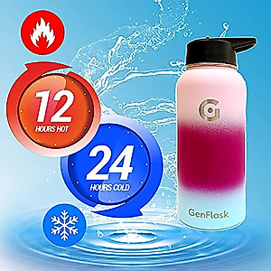 GenFlask 32oz insulated vacuum Stainless Steel ombre water bottle - Wide mouth straw lid leakproof tumbler (Black-Baby-Pink)
