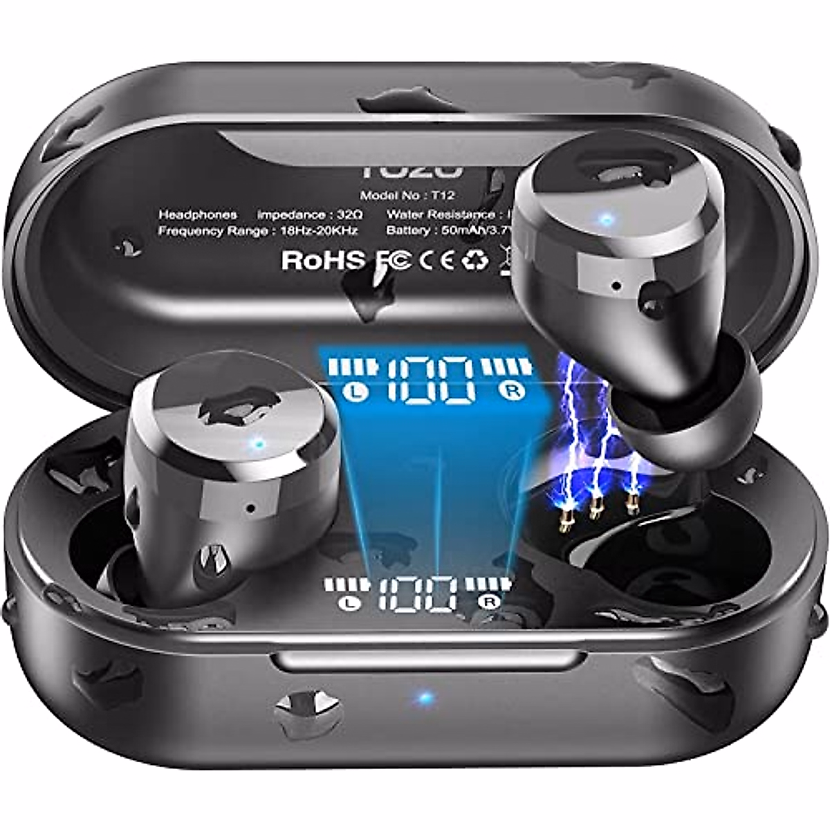 TOZO T12 2022 Wireless Earbuds Bluetooth 5.3 Headphones Premium Sound Performance Touch Control LED Digital Display Wireless Charging Case Earphones Dark Black