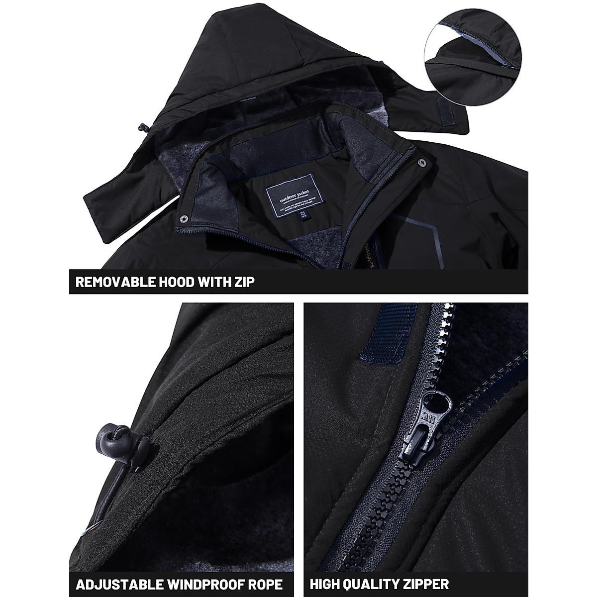 TACVASEN Winter Jacket for Men Skiing Warm Fleece Jackets Hooded Water Resistant Rain Jacket Black Thermal Snowboarding Jacket Windbreaker for Cold Weather