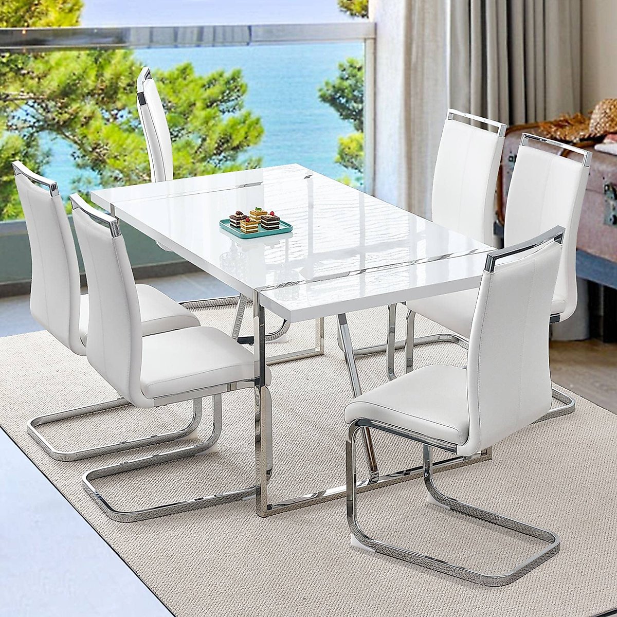 Dining Table Set for 6，White Rectangular MDF Kitchen Table and Leather Dining Chairs Set of 6, 7 Piece Dining Table Set，Modern Metal Frame Dining Room Table Set 6 with Metal Frame For Kitchen