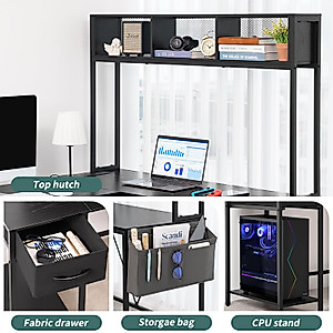 Yoobure L Shaped Desk Gaming Desk with LED Strip & Power Outlet, Reversible L-Shaped Computer Desk with Storage Shelf & Drawer, Corner Desk with Storage Bag, 2 Person Home Office Desk, Black