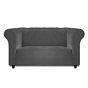 Easy-Going Stretch Velvet Chesterfield Style Couch Slipcover for Living Room, Soft Non-Slip Sofa Cover Furniture Protector for Dogs (Loveseat, Gray)