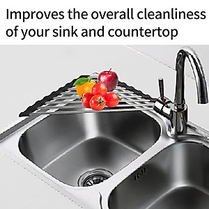 ALIMART Roll Up Dish Drying Rack and Triangle for Sink,over the Sink , Kitchen Corner Drainer Mat, Foldable Stainless Steel (Triangle) Silver