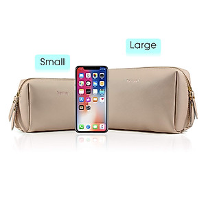 PU Leather Makeup Bag Travel Cosmetic Bag Organizer Make up Bag with Organization Pockets for Women (Large, Brown)