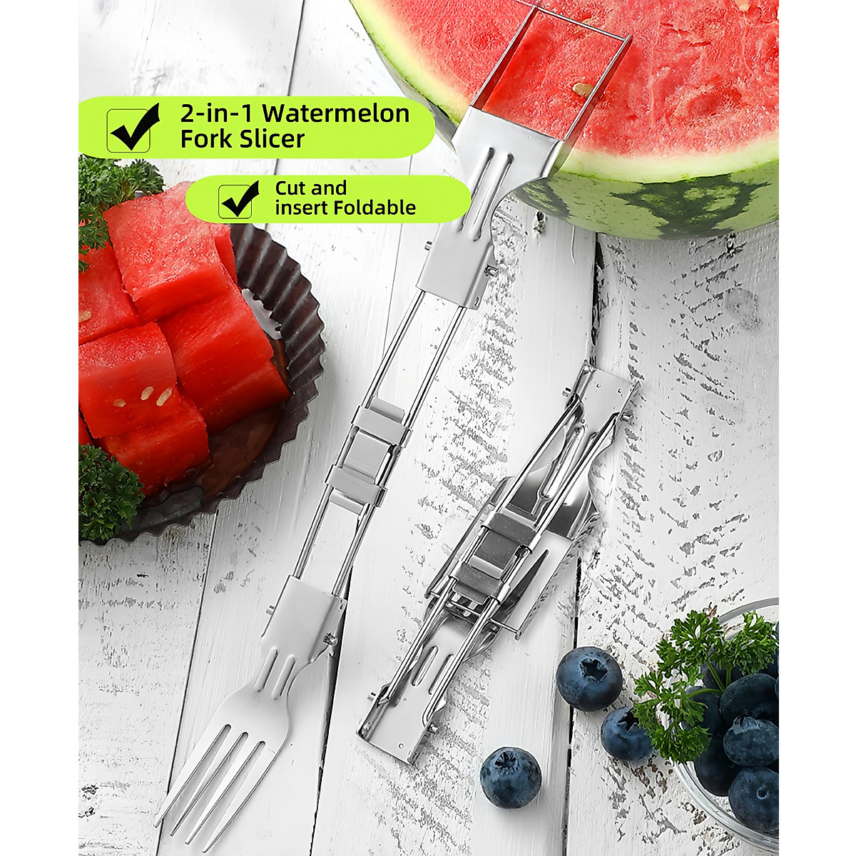 2 Pcs Watermelon Cutter Slicer Tool 2-In-1 Stainless Steel Fruit Cutter Summer Dual Head Foldable Portable Fruit Cutting Fork for Home Party Camping Kitchen Gadget (2)