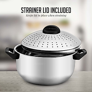 Ovente 4.8 Quart Stovetop Stainless Steel Pasta Pot with Strainer Lid & Locking Feature, Easy Storage and Pour Safe with Cool Touch Handles Perfect for Cooking Noodle Veggie or Sauce, Silver CW15131S