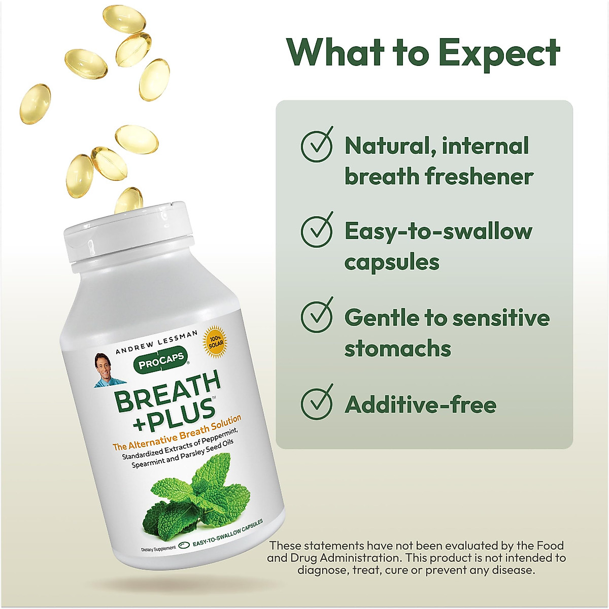 ANDREW LESSMAN Breath Plus 60 Softgels - Natural Breath Freshener, Helps Eliminate Odors from Food, Smoking, Morning Breath from The Inside Out. Peppermint, Spearmint. Easy to Swallow Softgels