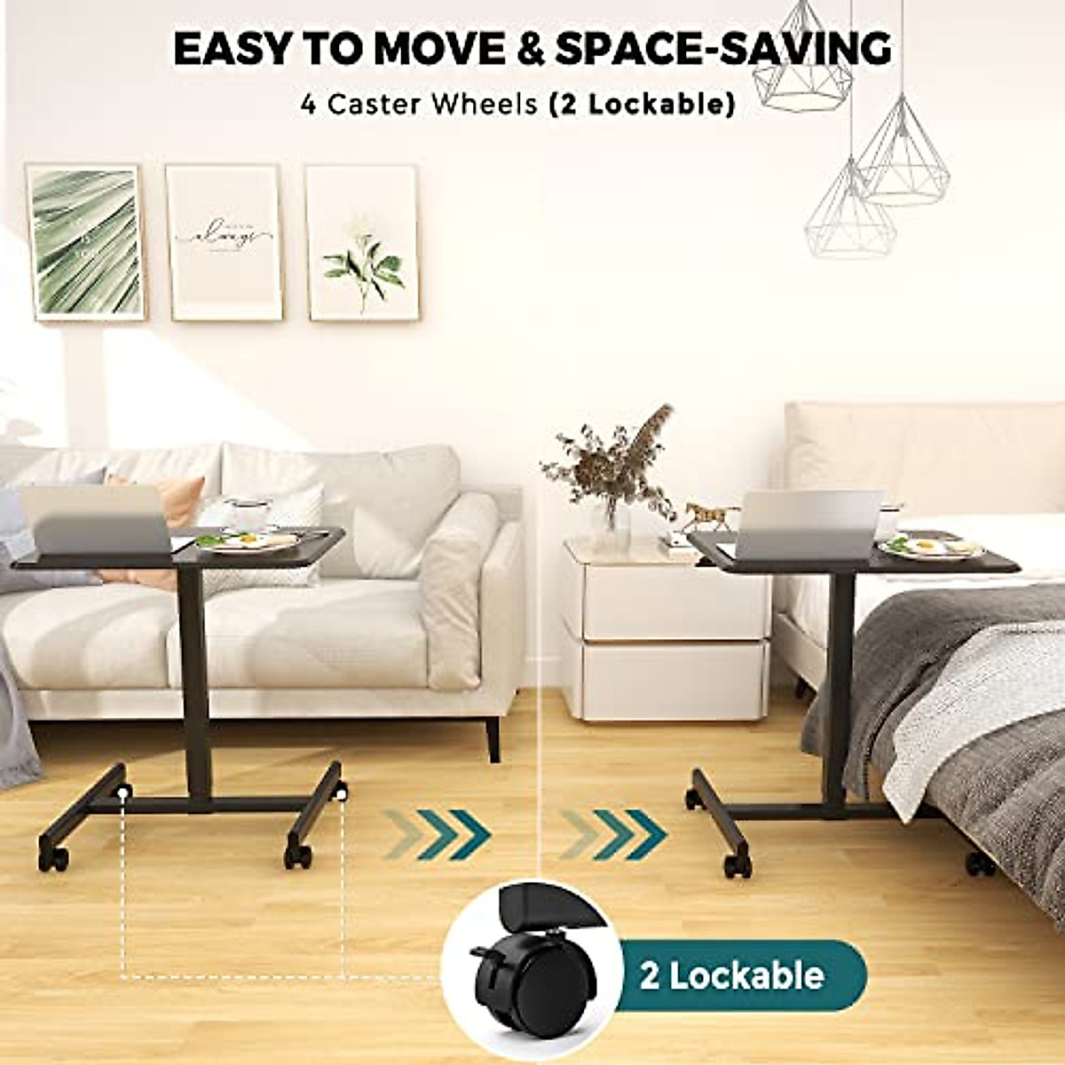 SMUG Mobile Rolling Laptop Cart Pneumatic Adjustable Height from 28" to 33" Sit Stand Computer Desk with Lockable Wheels for Home Office, Black, 25.7in