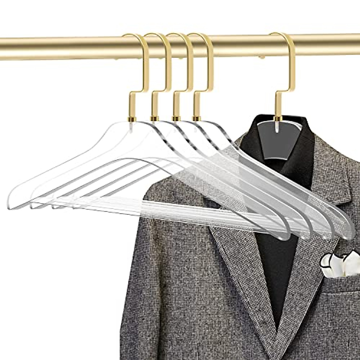 Quality Clear Acrylic Lucite Coat Suit Hangers with Bar – 5-Pack, Stylish Clothes Hanger with Acrylic Pant Bar - Coat Hanger for Dress, Suit - Closet Organizer Adult Hangers (Matte Silver, 5)