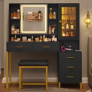 BTHFST Makeup Vanity with Upholstered Stool & Charging Station, Vanity Desk with Mirror and Lights & Jewelry Storage, Vanity Table Set with RGB Lights & 5 Drawers & Shelves, Black & Gold