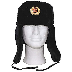 Loxdonz Ushanka Russian Military Hat with Ear Flaps and Soviet Badge, Trapper Ski Hat for Winter (One Size, Black)