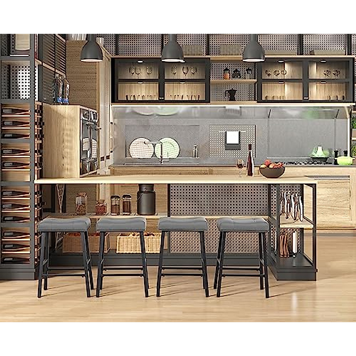 Counter Height Bar Stools Set of 2, 24 Inch Kitchen Bar Stools with Backless, Saddle Upholstered Seat Padding Stools for Kitchen Island,Breakfast, Bar, Dining Room, Grey-Black, Metal KR302PDG