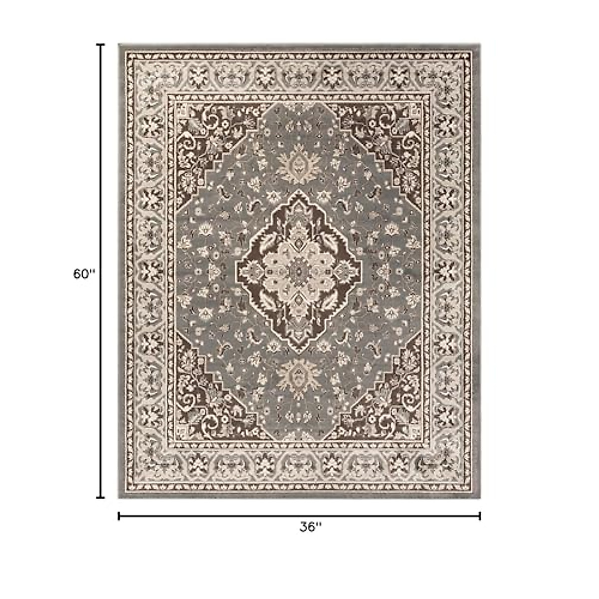 Superior Indoor Area Rug, Plush Carpet Cover, Traditional Oriental Medallion, Perfect for Hallway, Entryway, Living Room, Dining, Bedroom, Office, Kitchen, Glendale Collection, 3' x 5', Grey