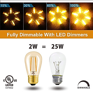 Hizashi S14 Replacement Light Bulbs, 2W=25 Watt Outdoor Edison Bulbs Dimmable E26 Base, Amber 2200K S14 LED Bulbs, Outdoor String Lights Bulbs Replacement, Shatterproof Waterproof, UL Listed, 6 Pack