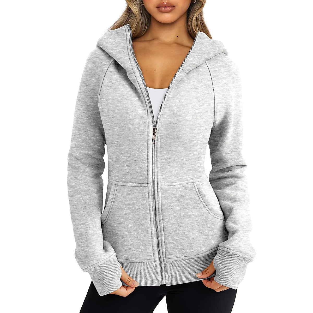 Trendy Queen Womens Zip Up Hoodies Oversized Sweatshirts Fall Outfits Long Sleeve Fleece Sweaters With Pockets Full Zip Winter Coats Jackets Y2k Clothes Teen Girls Fashion Grey
