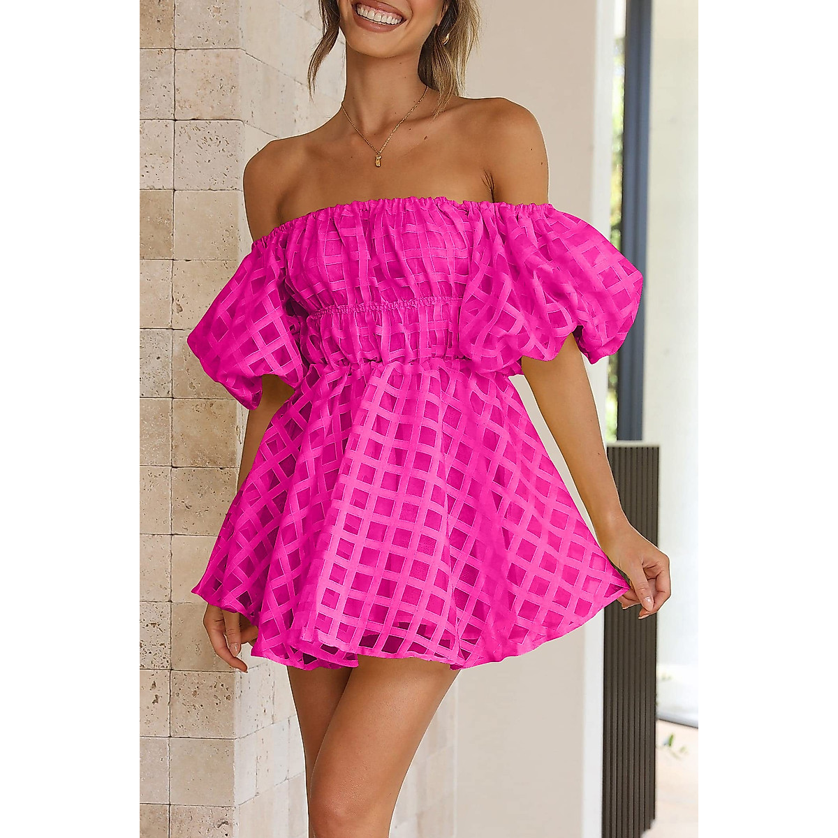 PRETTYGARDEN Women's Off The Shoulder Babydoll Dress Short Puff Sleeve Casual A Line Ruffle Summer Dresses (Plaid Rose Red,Medium)