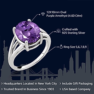 Gem Stone King 925 Sterling Silver Purple Amethyst Ring For Women | 4.60 Cttw | Gemstone February Birthstone | Oval 12X10MM | Available In Size 5,6,7,8,9