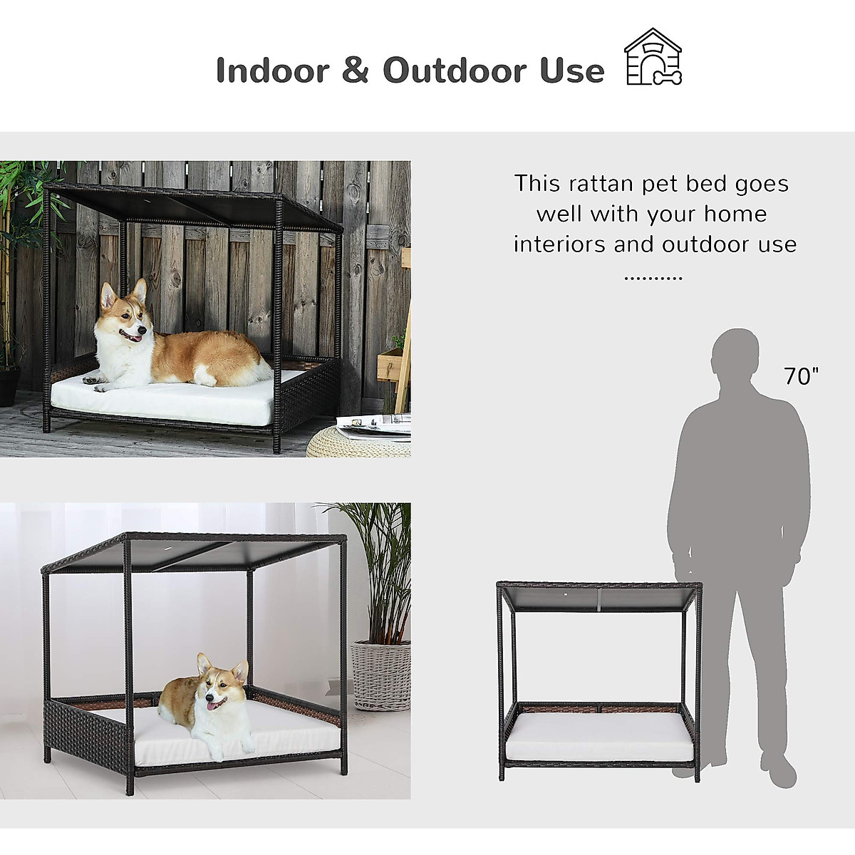 PawHut Wicker Dog House Raised Rattan Puppy Bed Cat Shelter for Indoor Outdoor Garden Patio Pet Sofa with Removable Cushion for Medium Sized Pet Brown