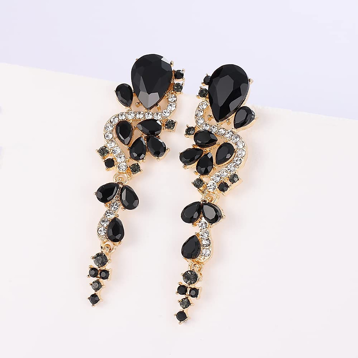 Black Rhinestone Statement Drop Dangle Earrings Dangling Sparkly Crystal Bridal Bridesmaid Wedding Earrings Long Chandelier Teardrop Earrings for Women Prom Party