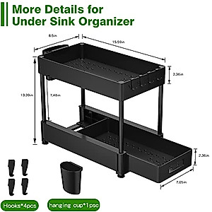 Under Sink Organizers and Storage 2 Pack, ZOMILB Bathroom Organizer 2-Tier Sliding Kitchen Cabinet Organization with Hook, Hanging Cup, Multi-purpose Under Sink Shelf Organizer for Home Storage, Black