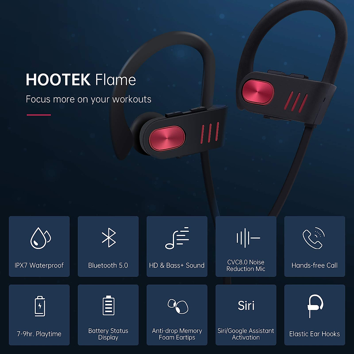 HOOTEK Bluetooth Earphones, V5.0 IPX7 Waterproof Earbuds Wireless Sport Headphones, Bass HD Stereo Sweatproof Earbuds, CVC8.0 Noise Cancelling Headset for Workout, Running, Gym, 8Hrs Up Play time