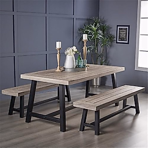 GDFStudio Indoor Farmhouse 3 Piece Light Grey Sandblast Finish Acacia Wood Picnic Set with Black Rustic Metal Finish Frame