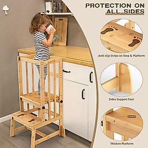 DORPU Toddler Tower, Adjustable Height Toddler Step Stool with CPC Certification, Safety Rail & Anti-tip Feet & Non-Slip Tapes Vertical Guardrail Toddler Stool for Kitchen, Natural Bamboo
