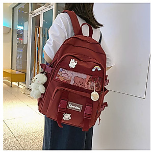 FOMEEX Kawaii Backpack with Pins Bear Pendant Cute Aesthetic Japanese School Bags Kawaii School Supplies Preppy Korean Stationary (Wein Red), One Size