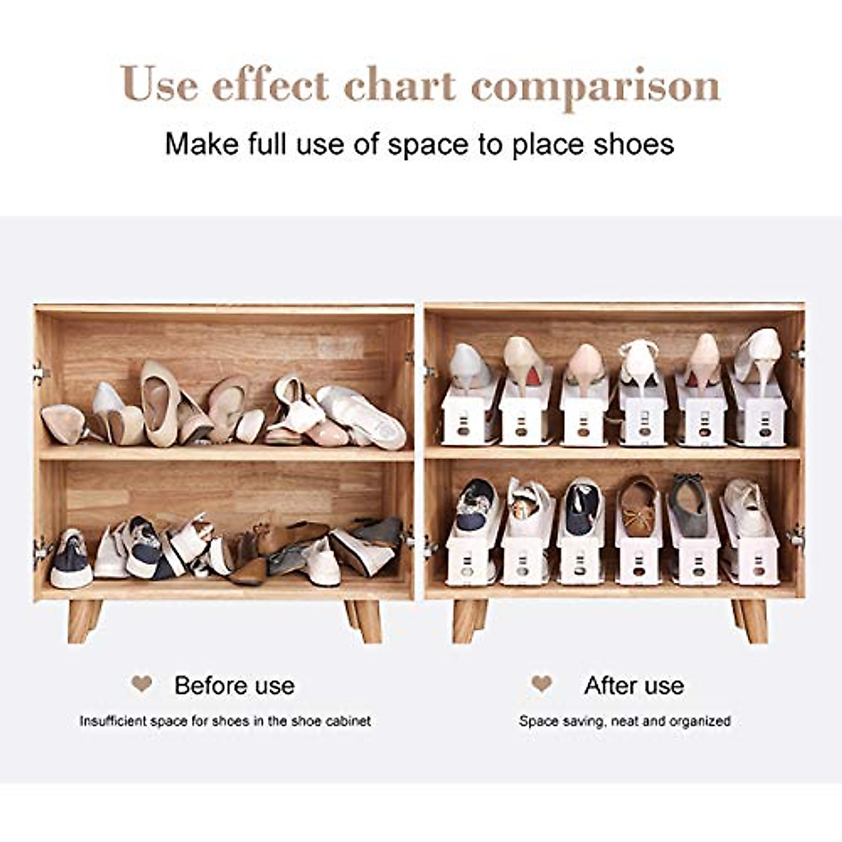 Queenbox Adjustable Shoe Slots Organizer 3-Level Height Plastic Double Layer Foldable Shoe Holder Mini Shoe Racks Space Saver Storage for High Heels Closets,Apricot 8 PCS